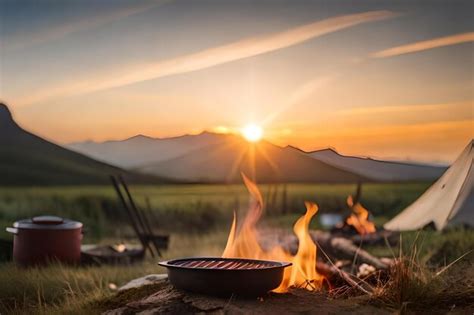 Premium Photo A Campfire With A Pan Of Hot Dogs On The Top Of It