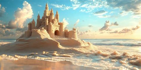 A Detailed Sandcastle On The Beach Near The Gentle Waves At Sunset
