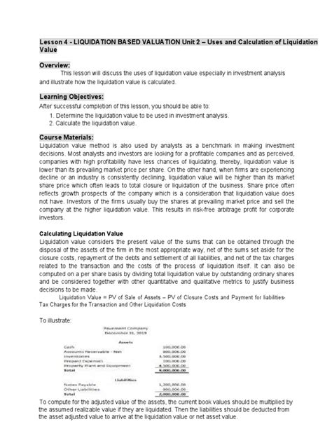Calculating Liquidation Value And Its Use In Investment Analysis Pdf