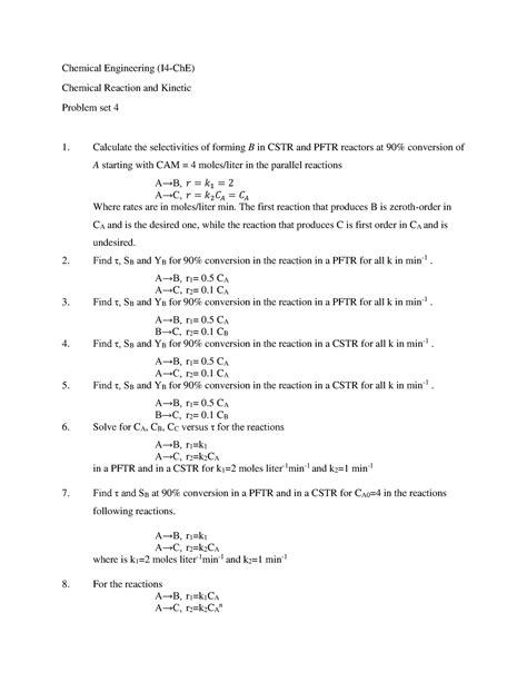 Problem Set 4 Fbjkb Chemical Engineering I4 Che Chemical Reaction