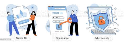공유 파일 사이버 보안 로그인 페이지 소프트웨어의 안전한 사용 및 개인 데이터 보호 은유 로그인에 대한 스톡 벡터 아트 및 기타 이미지 Istock