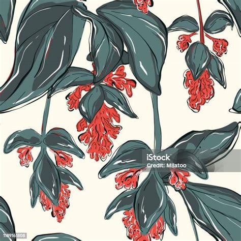Beautiful Green Leves And Red Flowers Vintage Floral Pattern Tropical