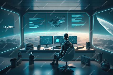 Premium Ai Image A Person Sitting At A Computer In Front Of A Large Screen That Says Space