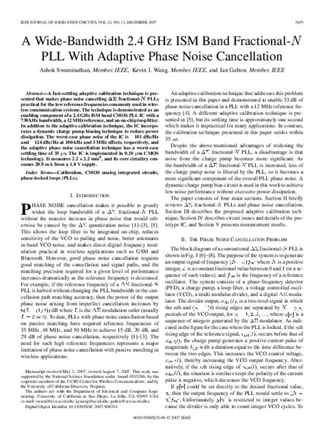 Pdf A Wide Bandwidth 24 Ghz Ism Band Fractional N Pll With Adaptive Phase Noise Cancellation