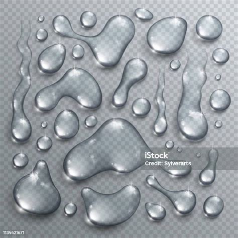 물 방울 벡터 사실적인 3d 요소 컬렉션 투명이 슬 응축은 배경 위에 넣어 준비가 투명성 검사기 메쉬를 통해 방울을 설정 합니다 0명에 대한 스톡 벡터 아트 및 기타 이미지