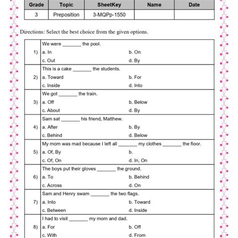 Preposition Worksheets For Grade 3