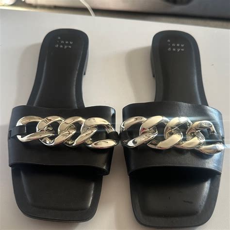 A New Day Shoes A New Day Black Sandals With Bold Silver Chain