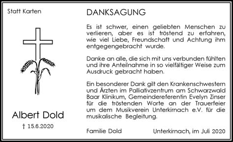 Traueranzeigen Von Albert Dold Schwarzwälder Bote Trauer
