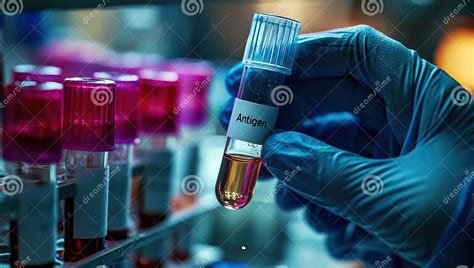 Scientist Holds Test Tube Labeled Antigen In Laboratory Focus On Hand