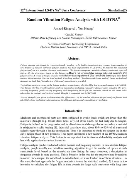 Random Vibration Fatigue Analysis With Ls Dyna Pdf Fatigue