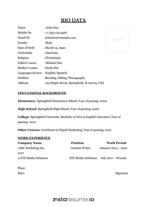 Biodata Format 15 Samples For Job Marriage And Personal Use Free