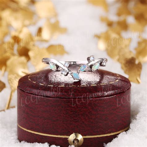 Art Deco Moonstone Wedding Ring Unique Opal Leaf Floral Wedding Band