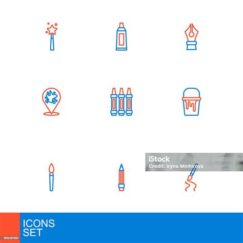 선 페인트 브러시 지우개 양동이 스프레이 그리기용 왁스 크레용 만년필 펜촉 및 튜브 페인트 팔레트 아이콘을 설정합니다 벡터