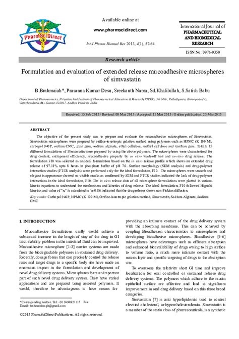 Pdf Formulation And Evaluation Of Extended Release Mucoadhesive Microspheres Of Simvastatin