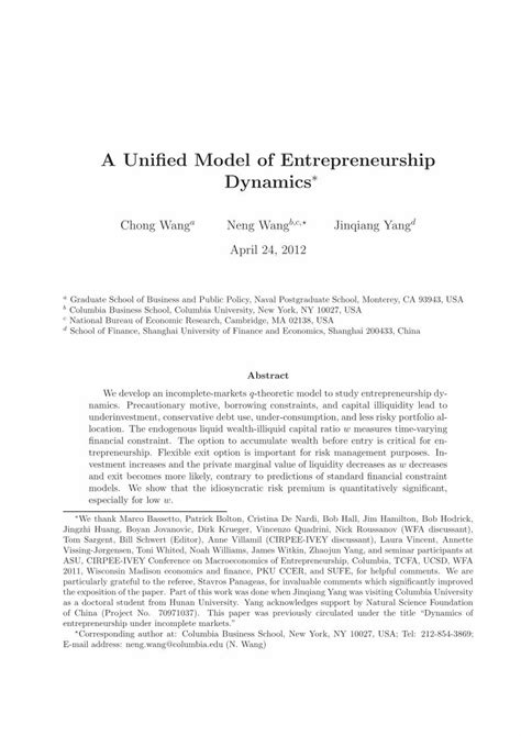 Pdf A Uniﬁed Model Of Entrepreneurship Dynamics Dokumentips