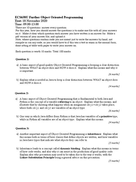 Time 0900 1300 Ecs658u Further Object Oriented Programming Test 18