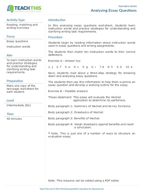 Analysing Essay Questions Worksheet Pdf Essays Question