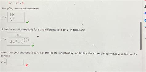 Solved 7x2 Y59find Y ﻿by Implicit Differentiationysolve