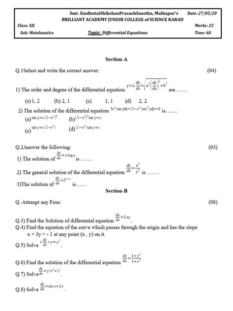 12th Maths Unit Test De Pdf Equations Subtraction
