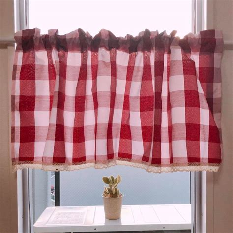 カフェカーテン 赤 チェック柄 幅120cm×丈47cm レース 小窓 突っ張り棒 出窓 透けにくい 遮光 6260 インテリア