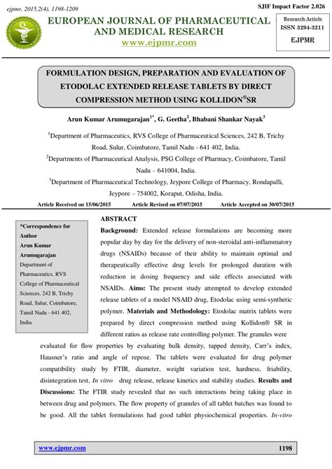 Pdf Formulation Design Preparation And Evaluation Of Etodolac Extended Release Tablets By