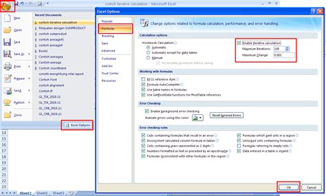 mengatasi error circular reference warning dengan mengaktifkan menu iterative calculation dalam