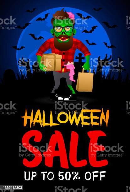 할로윈 판매 포스터 재미있는 좀비 힙스터 배너 판매 할로윈 그래픽 디자인 0명에 대한 스톡 벡터 아트 및 기타 이미지 0명