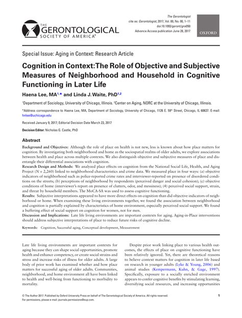 Pdf Cognition In Context The Role Of Objective And Subjective Measures Of Neighborhood And