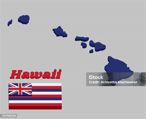 3 차원 지도 외곽선과 하와이의 국기 8 흰색 빨간색과 파란색의 교대 가로 줄무늬 캔턴에 연합 깃발 0명에 대한 스톡 벡터 아트 및 기타 이미지 Istock