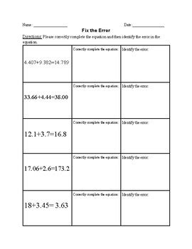 Adding Decimals Worksheet Correct The Error By Emily Hulse TPT