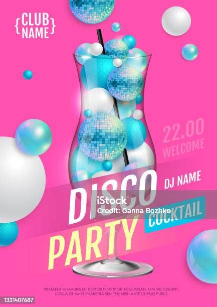3d 추상구와 블루 디스코 볼 칵테일 디스코 파티 포스터 벡터 일러스트레이션 칵테일 파티에 대한 스톡 벡터 아트 및 기타 이미지
