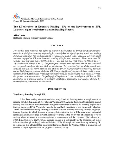 Pdf The Effectiveness Of Extensive Reading Er On The Development Of Efl Learners Sight