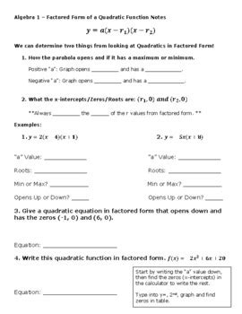 Quadratic Functions Factored Form Notes By Julia Ridgway TPT