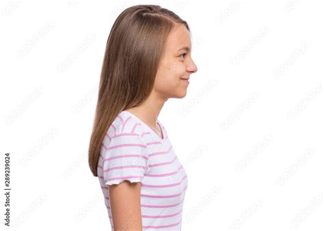 Side View Of Portrait Of Teen Girl Isolated On White Background Happy