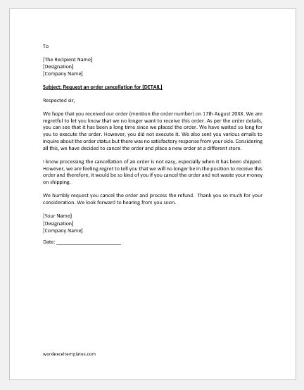 Letter For Cancellation Of Order Word Excel Templates