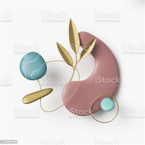 3d 렌더링 장식 잎 황금 반지와 흰색 배경에 고립 된 핑크 블루 자갈과 추상적 인 최소한의 기하학적 구성 0명에 대한 스톡 사진 및 기타 이미지 Istock
