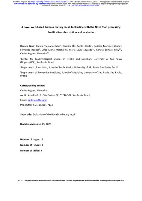 Pdf A Novel Web Based 24 Hour Dietary Recall Tool In Line With The Nova Food Processing