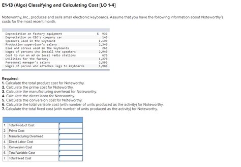 Solved E1 13 Algo Classifying And Calculating Cost Lo