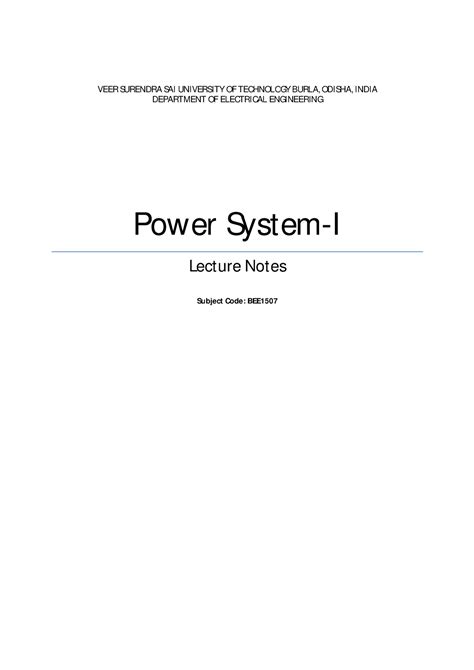 Power Systems 1 Notes Veer Surendra Sai University Of Technology