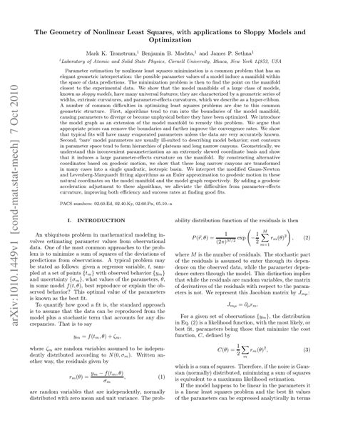 Pdf Geometry Of Nonlinear Least Squares With Applications To Sloppy Models And Optimization