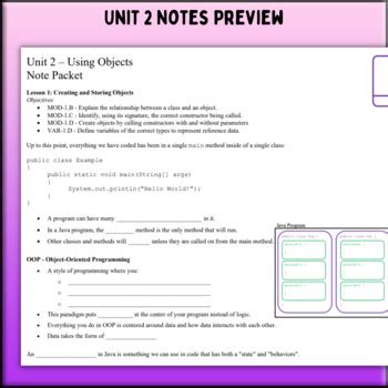 AP Computer Science A Unit Using Objects GUIDED NOTES TpT