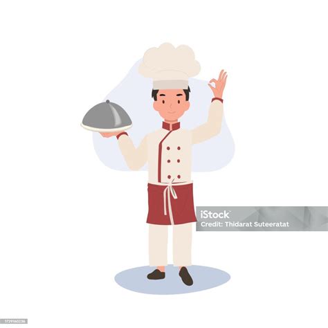 요리사 모자를 쓴 사랑스러운 어린이 요리사가 Ok 수사인을 하고 있다 플랫 벡터 만화 그림 가정 주방에 대한 스톡 벡터 아트 및 기타 이미지 Istock