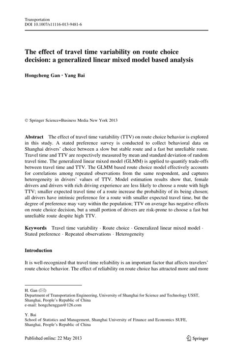 Pdf The Effect Of Travel Time Variability On Route Choice Decision A