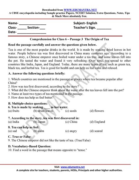 50 Comprehension For Class 6 Passages Mcq Subjective Exercises