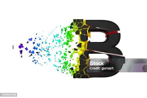 부서진된 무지개 빛깔의 알파벳 문자 B 깨진 대문자 짓 눌린된 블랙 고 레인 보우 폰트입니다 3d 렌더링에 고립 된 흰색 배경 기둥 머리에 대한 스톡 사진 및 기타 이미지