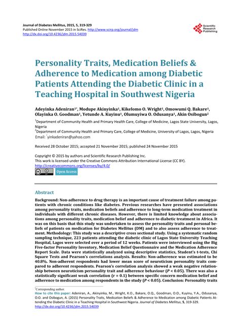 Pdf Personality Traits Medication Beliefs And Adherence To Medication