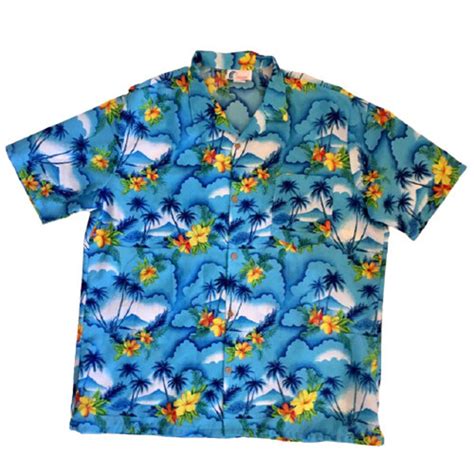 Camisa Islander Hawaiian Shirt Vintage 1970s Hibiscus Palmeras Azul