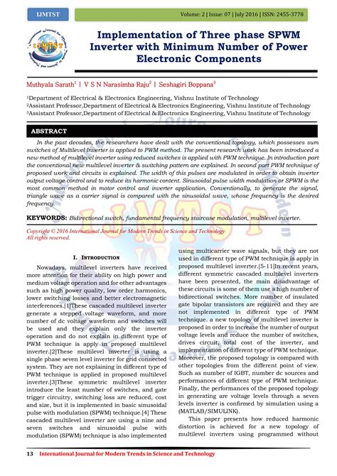 Implementation Of Three Phase Spwm Inverter With Minimum Number Of Power Electronic Components Pdf