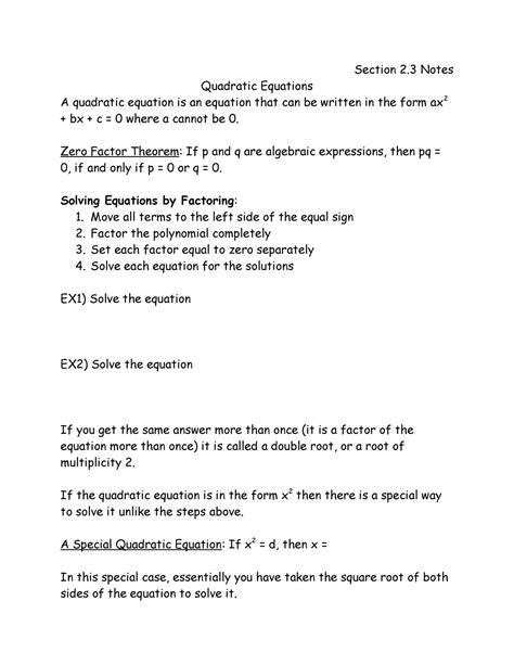 Section2 College Algebra Section 2 Notes Quadratic Equations A