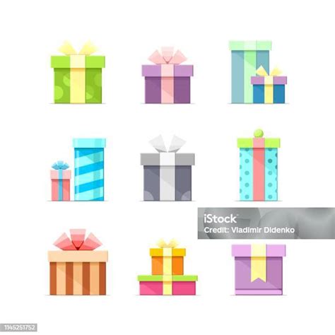 9 흰색 배경에 고립 된 리본을 가진 다채로운 벡터 평면 상자 패키지 기프트 선물 생일 축 하 파티 상자 아이콘 세트 1 0명에 대한 스톡 벡터 아트 및 기타 이미지